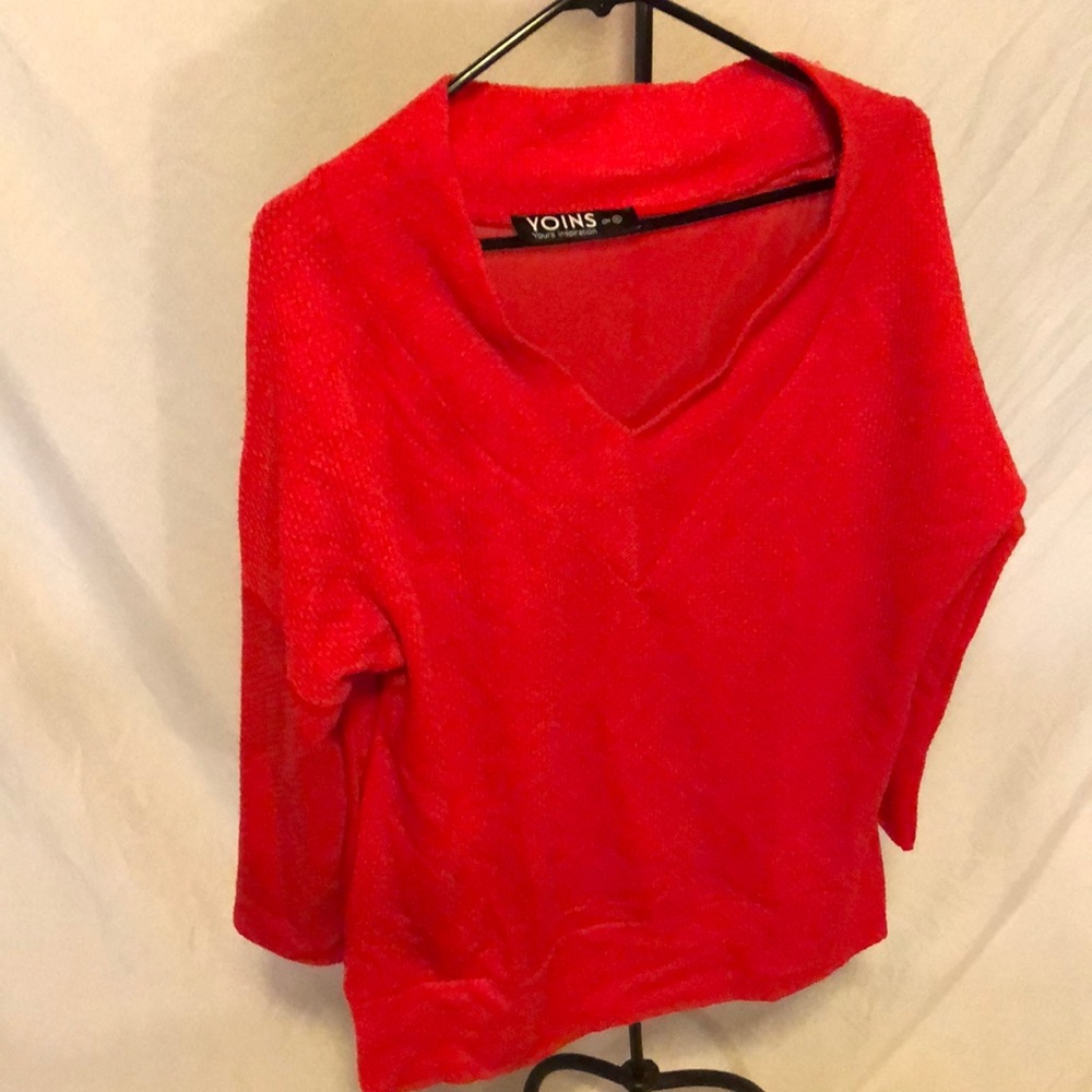 Vintage V Neck Bright Red Multi Texture Sweater - Gem